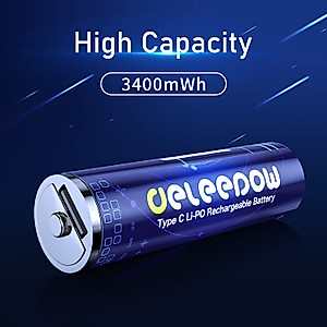 Deleepow Rechargeable AA Batteries USB 3400mWh AA Lithium Rechargeable Batteries 1500 Cycle with USB C Cable 4-Pack