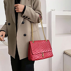 Minimalist Quilted Crossbody Messenger Bag For Women,Chain Flap Bag,PU Leather Shoulder Bag Wallet,Trendy Purses Handbag (Red)