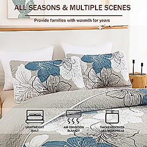 DJY 3 Pieces Quilt Set California King Blue Floral Pattern Quilt Coverlet Elegant Boho Bedspread with 2 Pillow Shams Lightweight Floral Summer Bedding Quilt for Adults Teens 106"x96"
