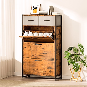 HSSZXFR Narrow Shoe Cabinet for Entryway Slim Shoe Rack Cabinet 3 Drawer Farmhouse Shoe Rack for Closet with Adjustable Shelf, Freestanding Wood Closed Shoe Rack for Home and Apartment