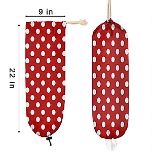 Polka Dot Red Plastic Bag Holder, Polka Dot Pattern Wall Mount Plastic Bag Organizer with Drawstring Grocery Shopping Bags Storage Dispenser for Home Kitchen Farmhouse Decor, 22X9 Inch