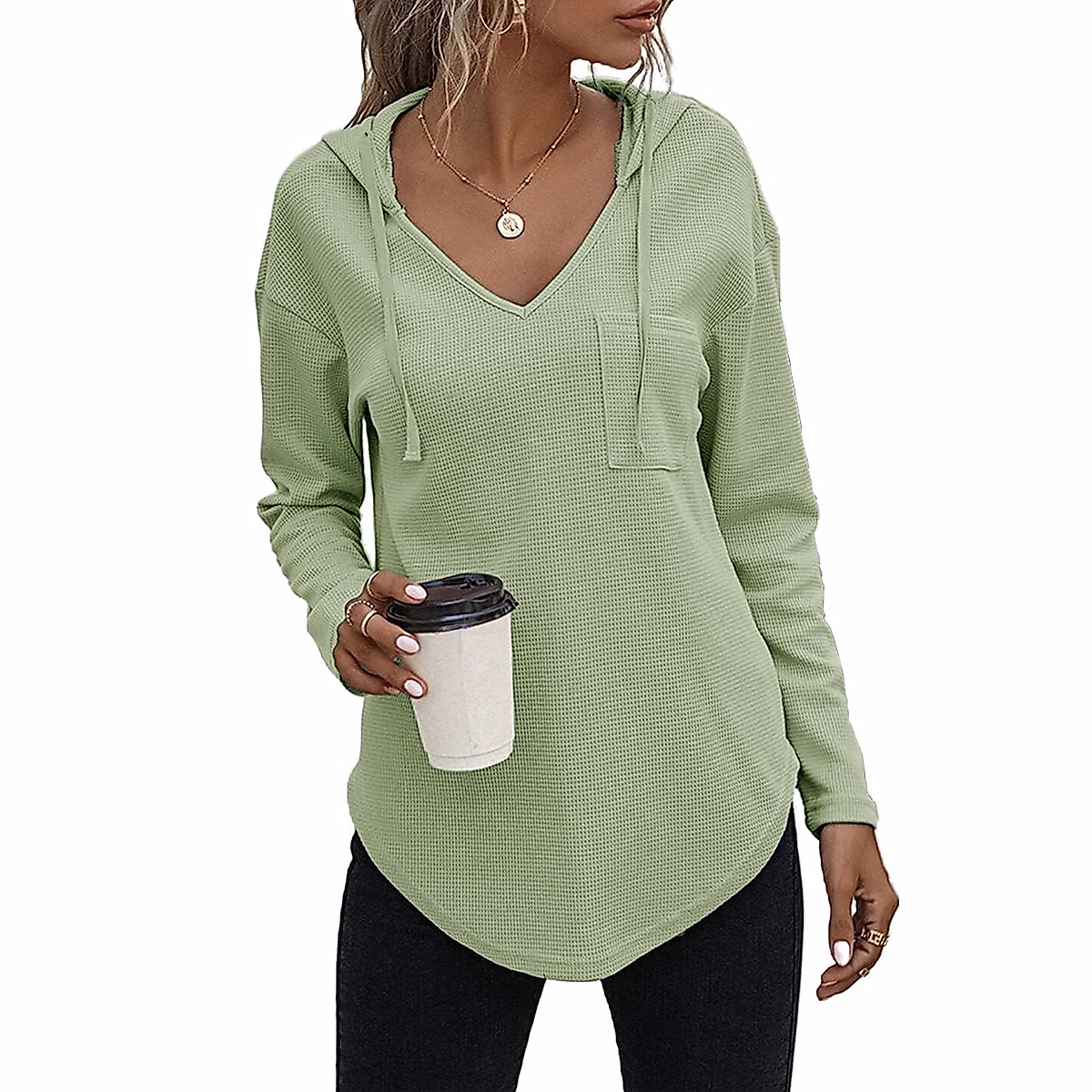 morhuduck Women's V Neck Hoodies Long Sleeve Sweatshirt Drawstring Pullover Tops with Pocket (Mint Green M)