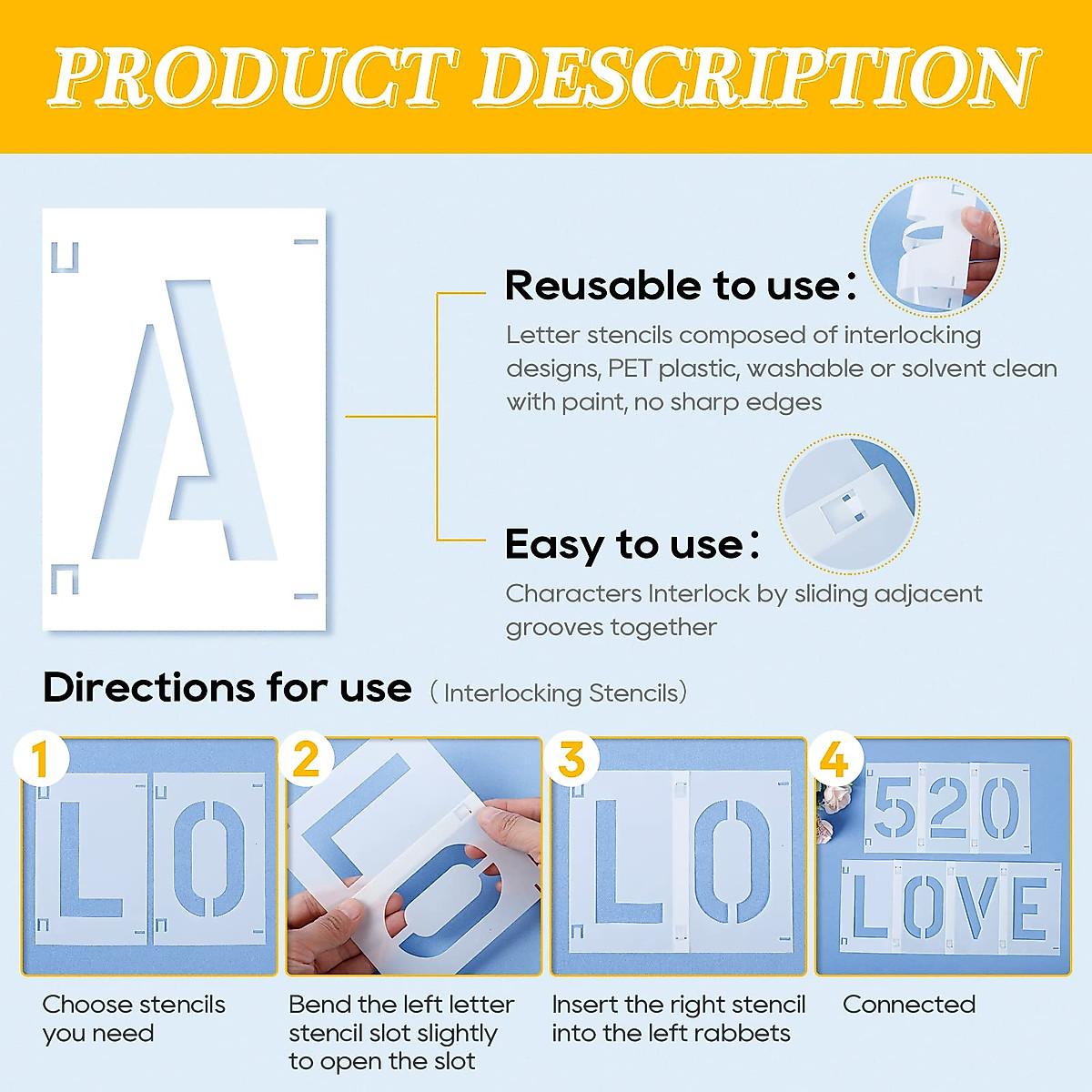 UCEC 3 Inch Letter Stencils Symbol Number Stencil, 42PCS Reusable Alphabet Letter Stencils Interlocking Stencil Kit, Plastic Art Craft Stencils Letters, Number Stencil Kit for Christmas Decorations