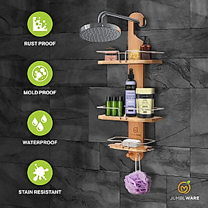 JumblWare Bamboo Shower Caddy. Hanging 3-Tier Bathtub Organizer Rack for Over Shower Head with Toothbrush Holder, Razor Hooks & Shelf with Holes in Bottom for Soap. Spa Gift for Women