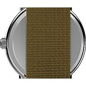 Timex Unisex Weekender 38mm Watch – Silver-Tone Case White Dial with Olive Fabric Slip-Thru Strap