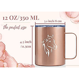 Onebttl Horse Gifts for Girls, Women, Horse Lovers, Insulated Stainless Steel Coffee Mug with Lid and Handle, Equestrians, Cowgirls Gifts for Birthday, Christmas, 12 oz, Rose Gold
