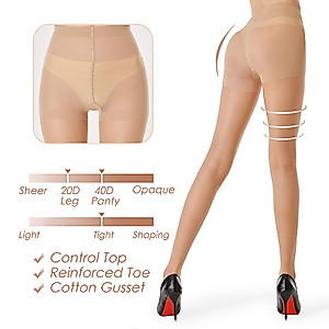 G&Y 3 Pairs Women's Sheer Tights - 20D Control Top Pantyhose with Reinforced Toes(Nude, S)