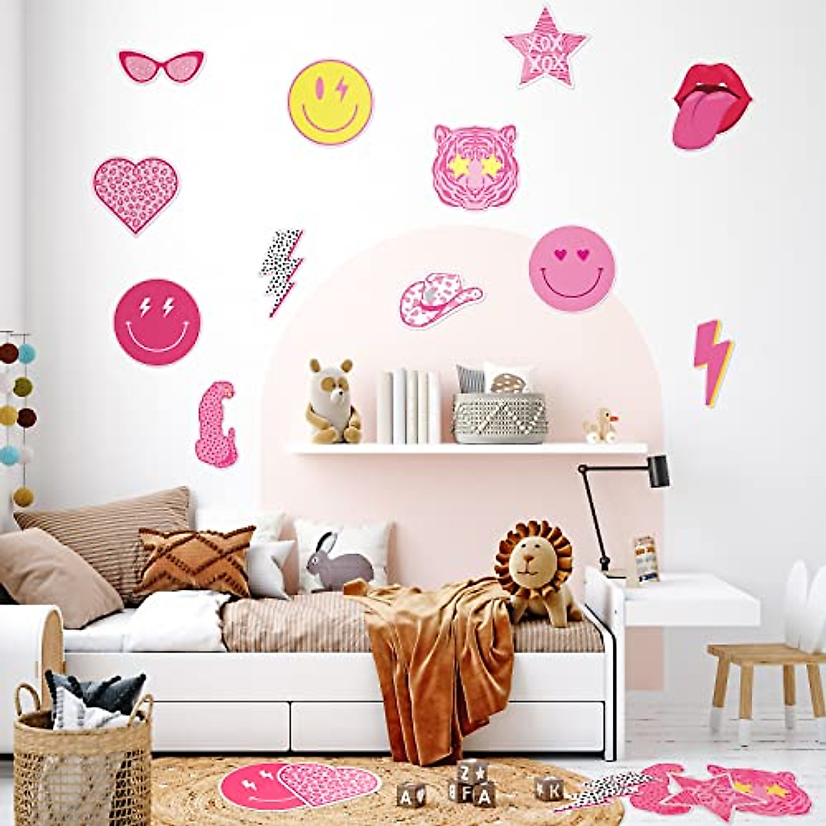24 Pieces Preppy Theme Cutouts Preppy Party Decoration Pink Party Cut Outs Smile Face Favors Star Lightning Lips Cutouts for Preppy Style Birthday Wedding Baby Shower School Bulletin Board Supplies