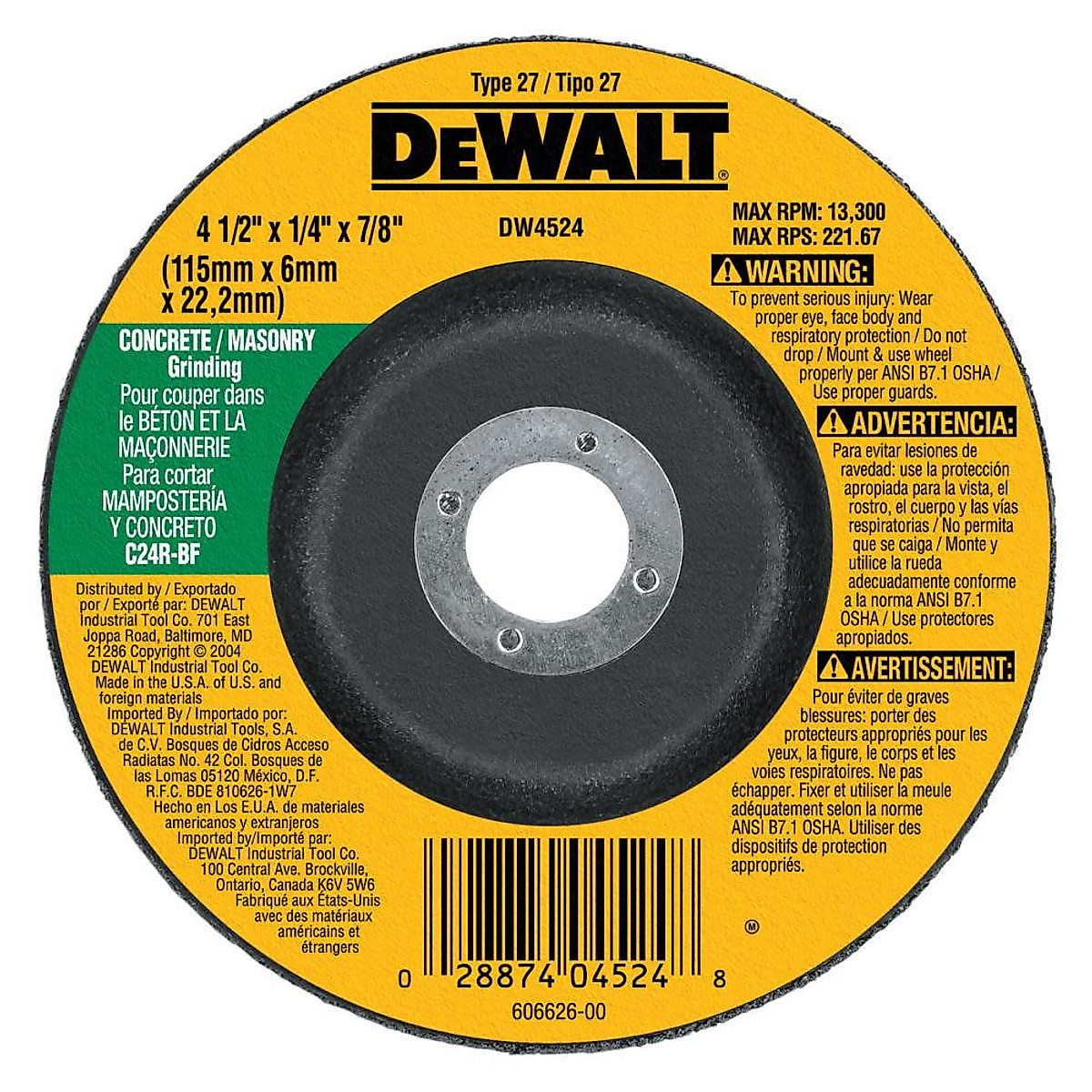 DeWalt DW4524 4-1/2" x 1/4" x 7/8" Concrete/Masonry Grinding Wheel