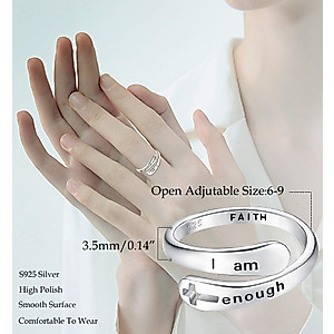 FIASASO 925 Sterling Silver Rings I am Enough Inspirational Rings Faith Christian Cross Encouragement Statement Rings for Women Men I am Enough
