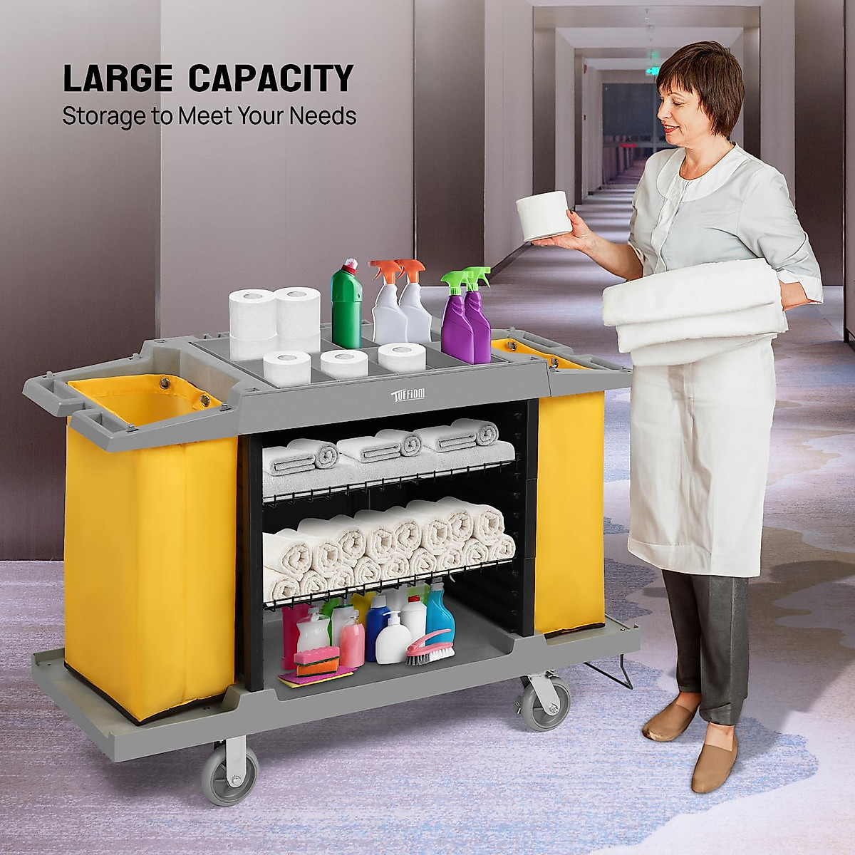 TUFFIOM Industrial Multifunctional Hotel Cart,Commercial Traditional Cleaning Janitorial Room Service Housekeeping Cart, 39" H x 58" W x 21" D