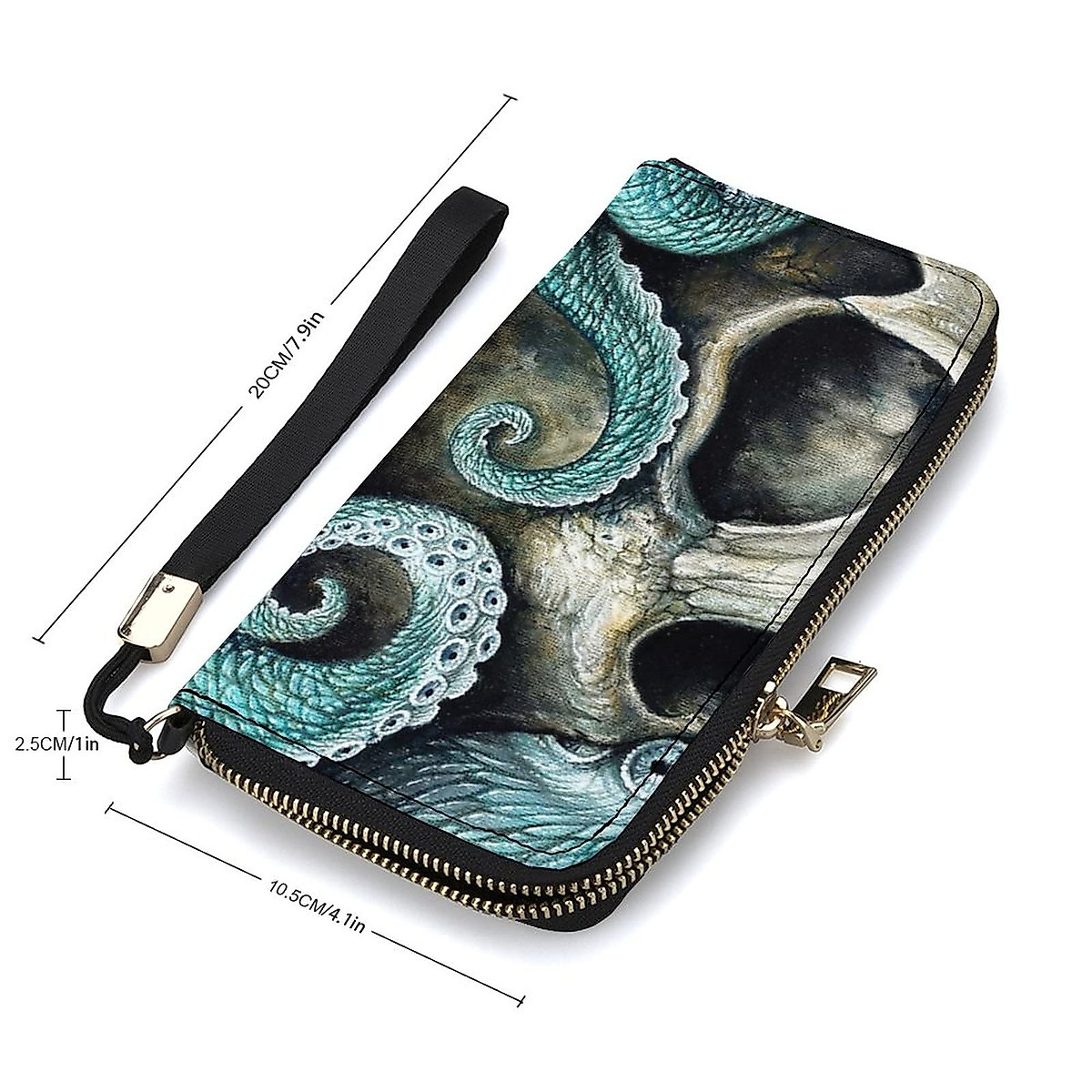 Octopus and Skull Women’s Long Wallet PU Clutch Purse with Wristlet Strap Zipper Mini Handbag