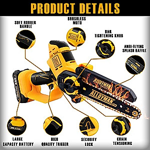 Mini Chainsaw 6-Inch Cordless, 26.2ft/s chain speed, 775 Powerful motor Mini chain saws, Tool Free Bar ​and Chain Adjustments, Handheld Small Chainsaw for Wood Cutting Tree Trimming