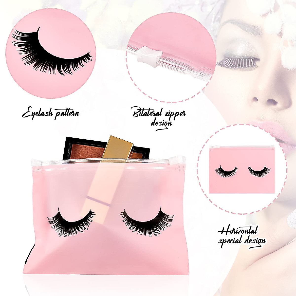 100 Pieces Eyelash Aftercare Bags Eyelash Makeup Bags Empty Lash Cosmetic Pouch Travel Make Up Cases Toiletry Bag Eyelash Pattern Zippered Pouch Bags for Women(EVA,Classic Style)