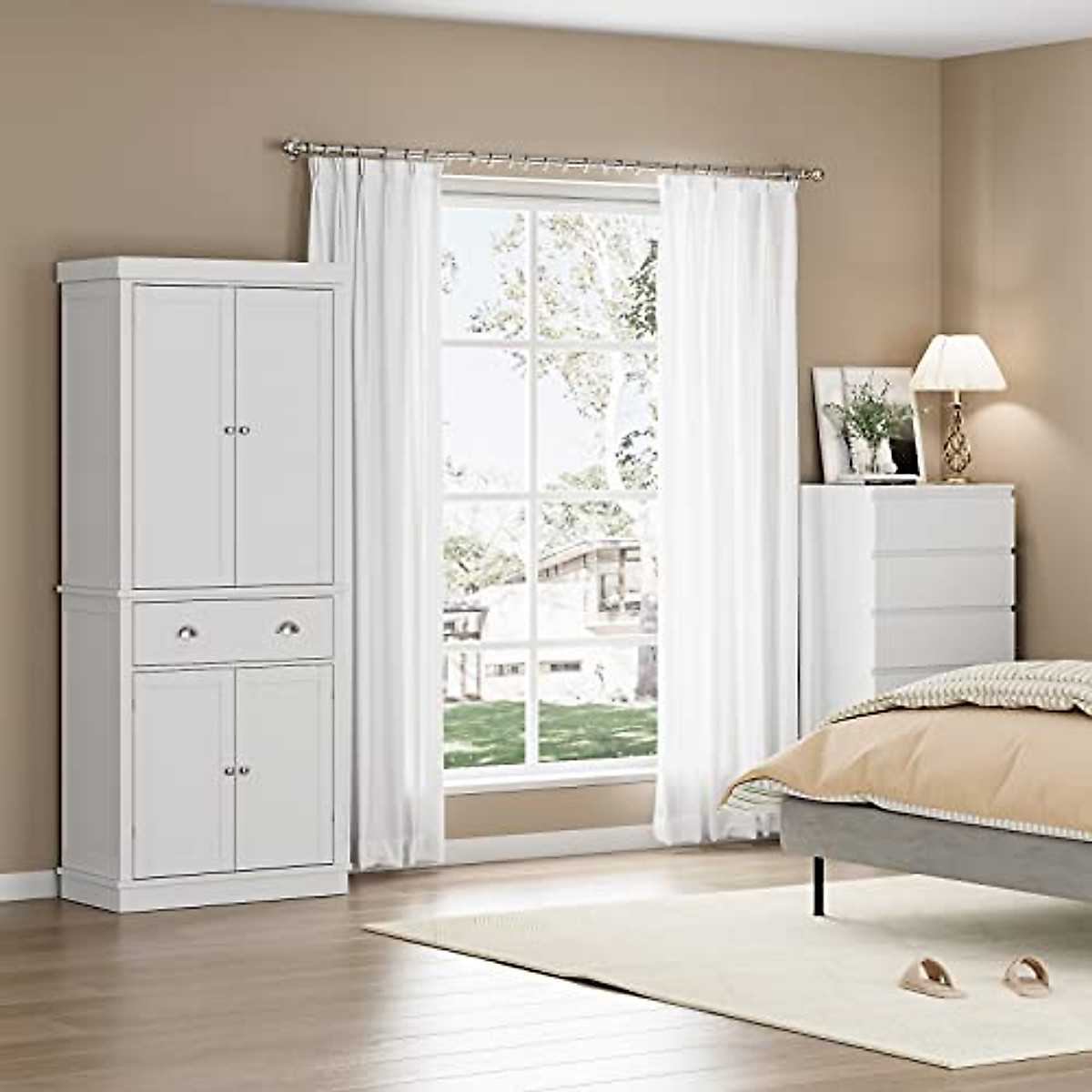 FOTOSOK 72" Utility Pantry Storage Cabinets for Kitchen, Dining Room, Living Room, White , Freestanding Cupboard with 4 Doors, Drawer, 4 Shelves