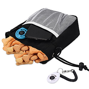 Dog Clicker Training Kit, Dog Training Treat Pouch and Dog Clickers, Dog Treat Bag with Clicker Training for Dogs, Pet Treat Bag with Waist Belt Shoulder Strap Poop Bag Dispenser - Black /w 2 Clickers