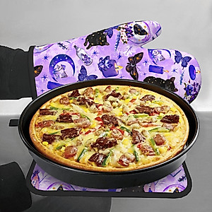 Flexible Witchy Witch Goth Black cat Mushroom Oven Mitts and Pot Holders High Heat Resistant Oven Mitts and Pot Holders Non-Slip BBQ Gloves