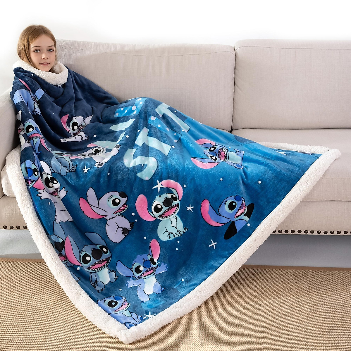 Kids Sherpa Flannel Throw Blanket 50" x 60 inches, Super Soft Cozy Plush Blanket for Indoor and Outdoor Use (Stitch, Throw(50'' × 60''))