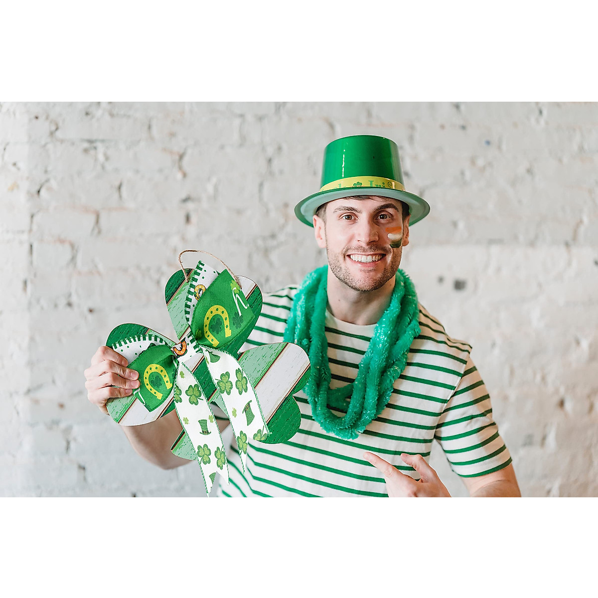 6 Rolls 30 Yards St. Patrick's Day Wired Edge Ribbon Green Buffalo Plaid Ribbon Shamrock Burlap Ribbon Green Hat Wrapping Ribbon for Wrapping Wreath Party Decoration DIY Craft Supplies (White/Green)