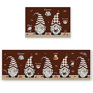 Coffee Gnomes Kitchen Mat Set 2 Piece Kitchen Rugs, Farmhouse Brown Coffee Beans Soft Non-Slip Rubber Backing Floor Mats Doormat Bathroom Runner Area Rug Carpet, 19.7x31.5in + 19.7x47.2in