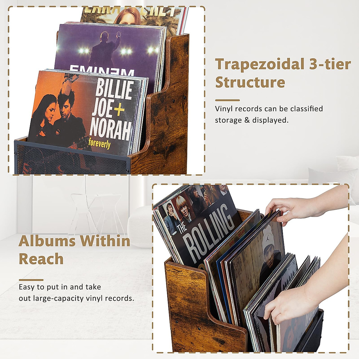 Yuzehuaza Vinyl Record Storage Holder, Stepped 3 Tier LP Vinyl Record Crate with Metal Grid, Wooden Album Storage Desktop Organizer Box for Vinyl, Rustic Brown & Black (Patent Pending)