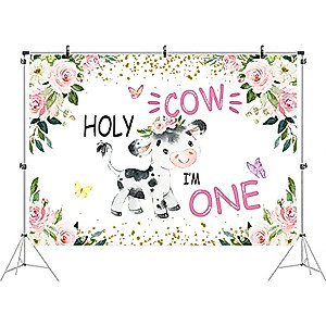 Ticuenicoa 7x5ft Holy Cow I'm One 1st Birthday Backdrop for Girls Baby Shower Photography Background Pink and Gold Floral Animals Bday Backdrops for Party Newborn Kids Supplies Photobooth Props…