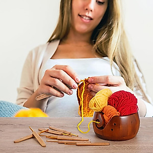 Wooden Yarn Bowl Knitting Wool Storage Basket Round with Holes Knitting Yarn Bowls Crochet Bowl Holder Handmade Yarn Storage Bowl for DIY Knitting