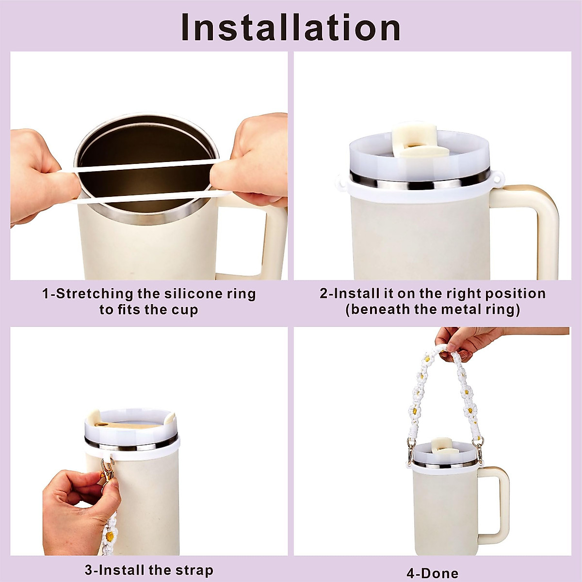 Compatible with Stanley Cup Accessories, 7pcs Tumbler Accessories for Stanley Cup 30/40 oz, Including Water Bottle Handle Strap, Cup Boot, Straw Cover, Plush Ball and Key Charm, Purple