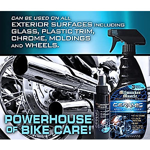 MILWAUKEE MUSCLE Ceramic Motorcycle Bike Wax Spray - 22 Fl Oz & 4 Fl Oz Travel Wax - 4X The Ceramic Coating - Detail Spray Wax - Advanced Hydrophobic Spray for Shine and Protection