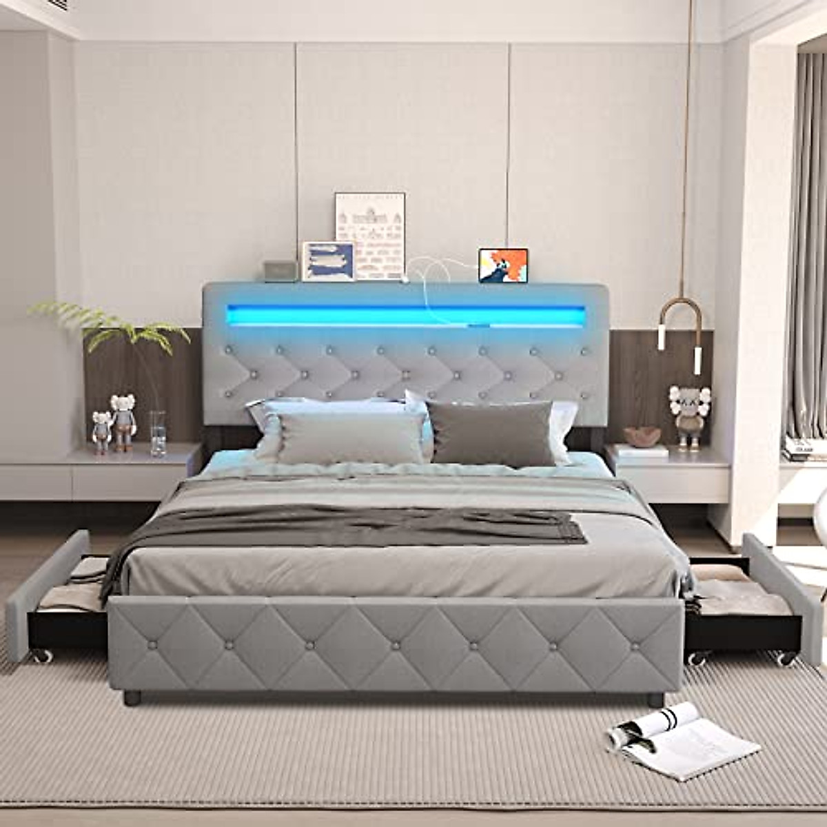 HOMFAMILIA Queen Bed Frame with Headboard and Drawers, LED Bed Frame with Adjustable Storage & LED Lights Headboard, Upholstered Platform Bed with 2 USB Ports, No Box Spring Needed, Light Grey