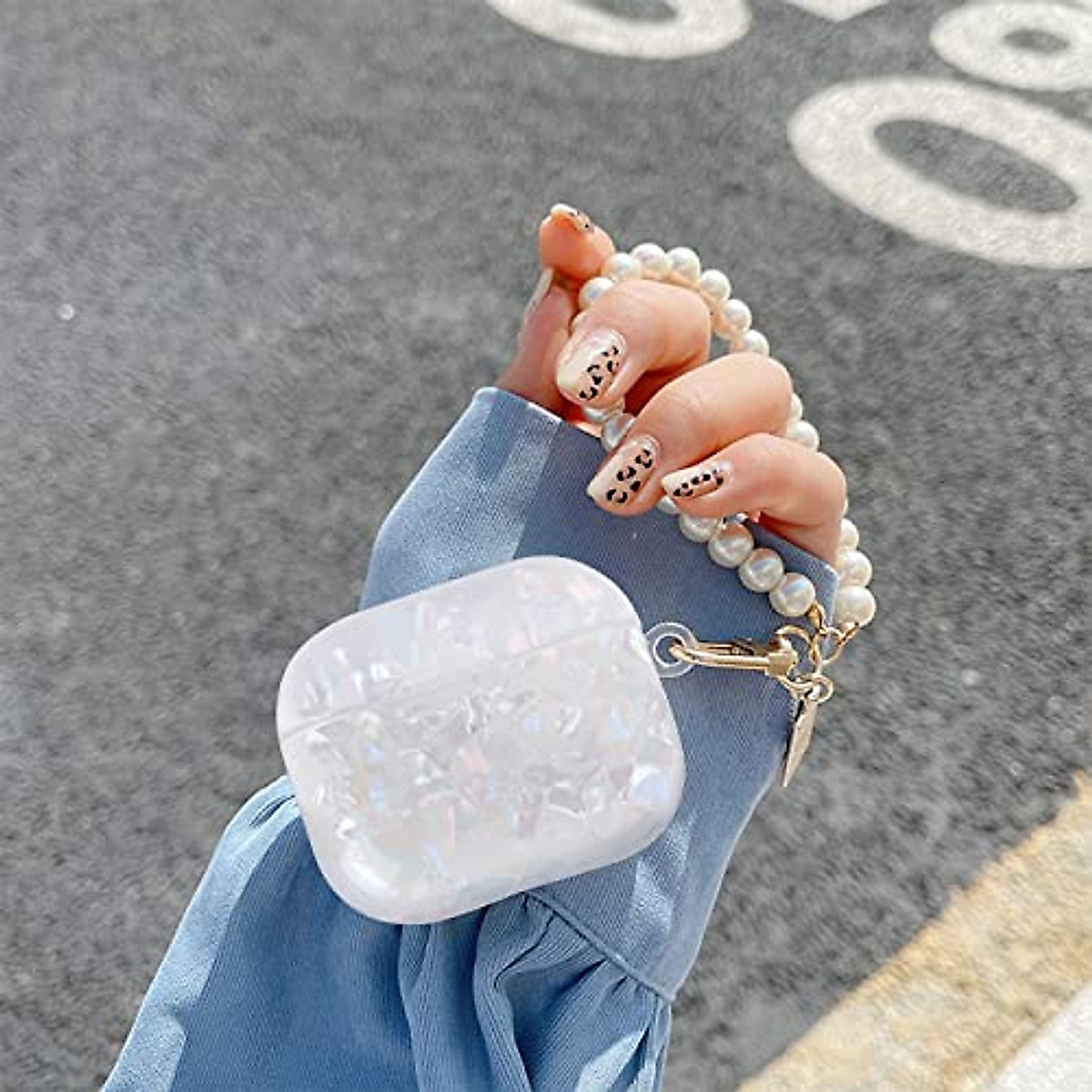 Glitter Shell Design for AirPods 3 (2021)with Pearl Wrist Chain Keychain,Colorful Sparkle Bling Pretty Cute Protective Skin Cover for Airpods 3rd Generation for Women Girls Soft TPU Shock Proof-White