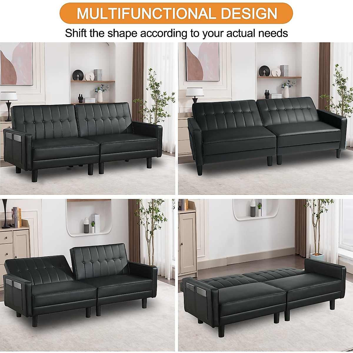 OQQOEE Futon Sofa Bed, Convertible Loveseat Couch with Adjustable Backrest, Faux Leather Upholstered Sleeper Sofa for Living Room & Apartment, Side Pockets, Black (Black, Loveseat)