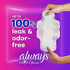 Always Radiant FlexFoam Pads for Women, Size 1, Regular Absorbency, up to 100% Leak & Odor Free Protection, with Wings, Scented, 42 Count