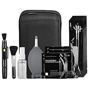Movo Deluxe Essentials DSLR Camera Cleaning Kit with 10 APS-C Cleaning Swabs, Sensor Cleaning Fluid, Rocket Air Blower, Lens Pen, Soft Brush, 2X Small and 2X Large Microfiber Cloths and Carrying Case