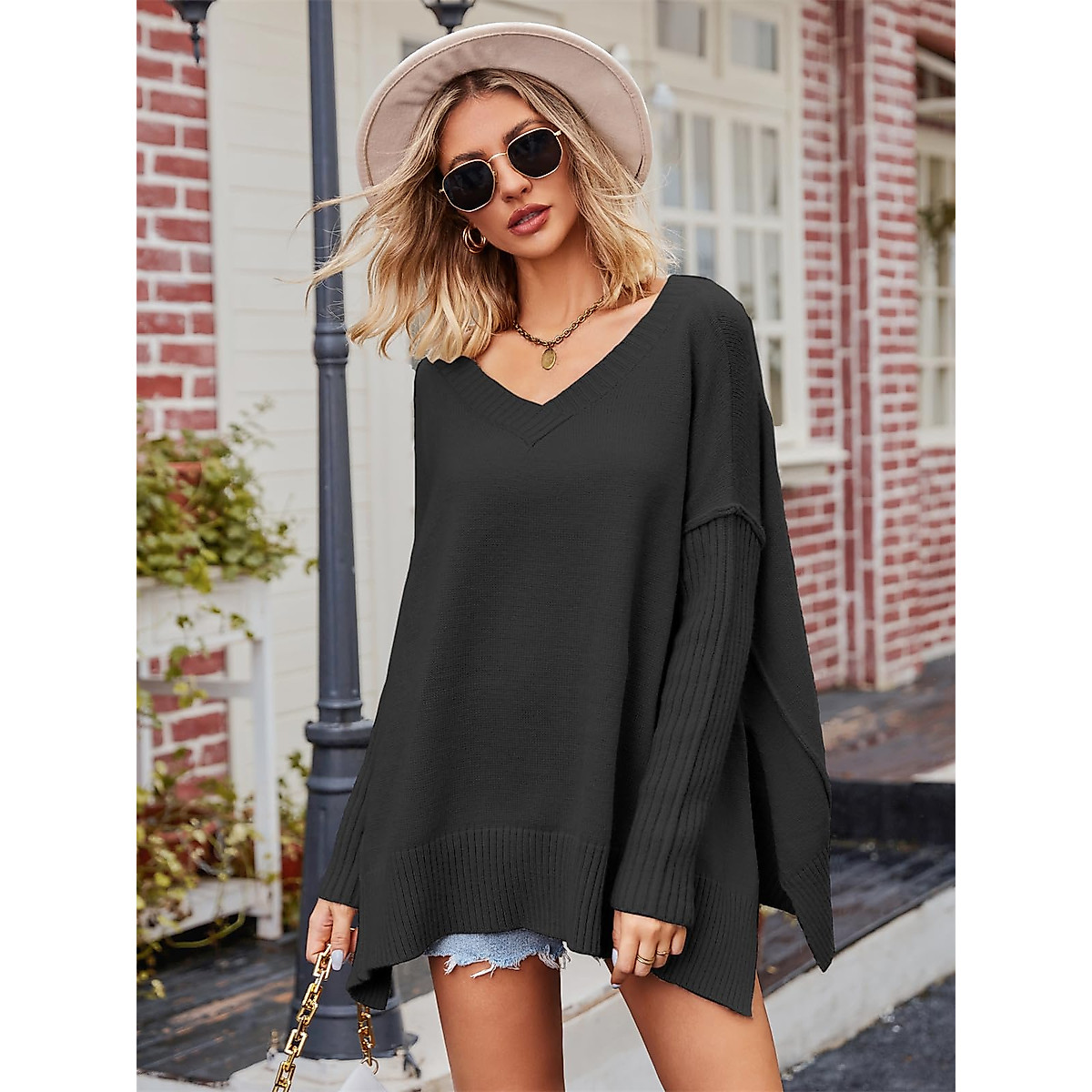 hathne Oversized V Neck Sweater for Women Casual Long Sleeve Side Split Hem Pullover Top 2024 Knit Tunic Jumper(M,Black)