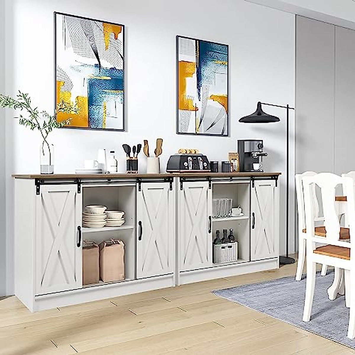 4 EVER WINNER Farmhouse Coffee Bar Cabinet, Kitchen Buffet Storage Coffee Cabinet Station Credenza Cupboard with Adjustable Shelf, Buffet Cabinet with Storage and Sliding Barn Doors, White