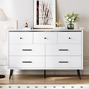 DWVO White 7 Drawer Dresser, Wood Storage Dressers & Chests of Drawers with Black Metal Handle ＆ Anti-Tipping Device, Modern Double Dresser Storage Cabinet Living Room Hallway, Entryway