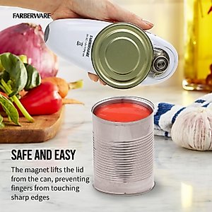Farberware Compact Battery Operated Hands-Free Automatic Can Opener for any Size Can with Magnet to Safely Remove Lid, Seamless Opening Decreases Sharp Edges for Easily and Safely Opening Cans, Gray