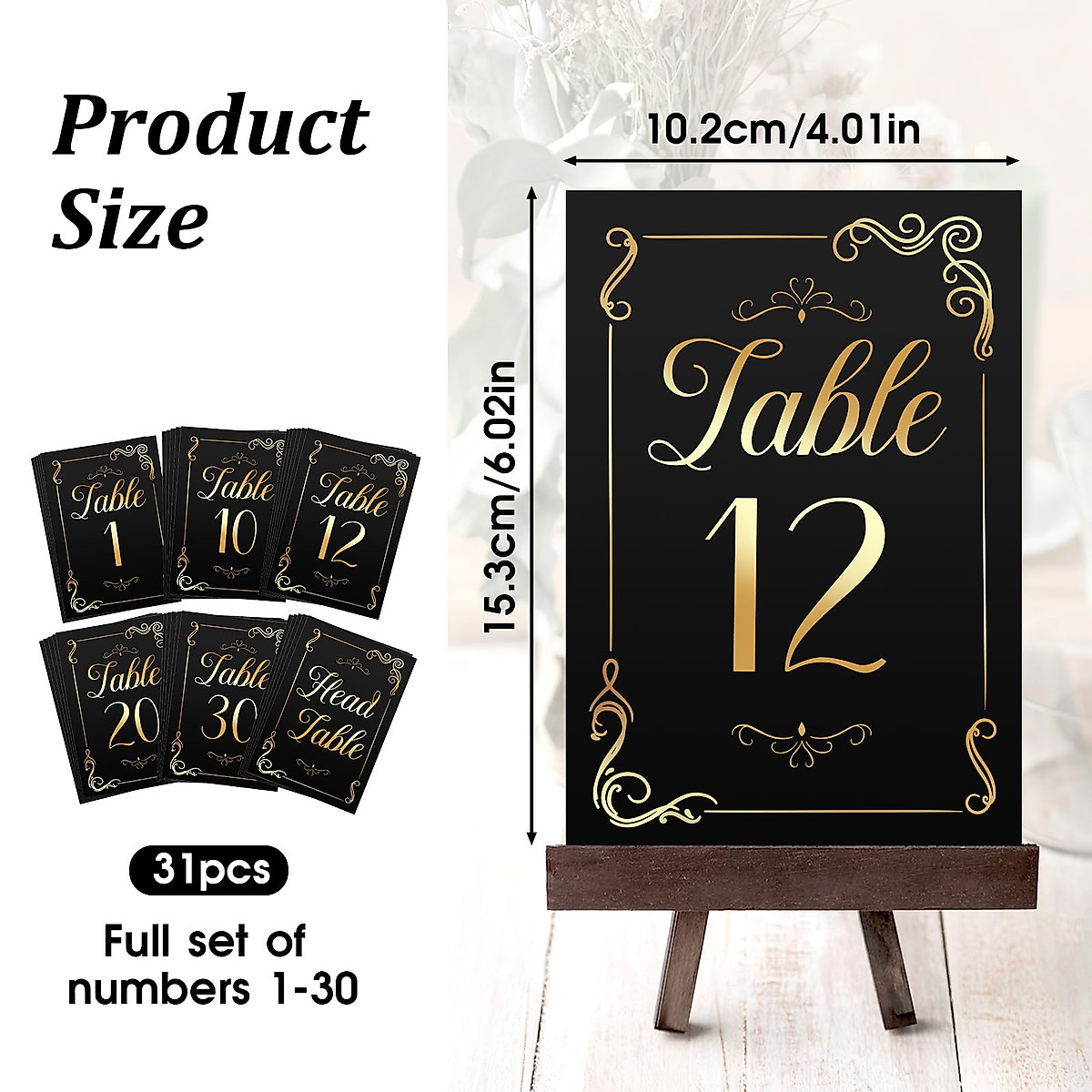 Jeffdad Wedding Table Numbers Cards 1-30, Black 6x4 Inch Gold Foil Table Number Cards Head Table Card Place Card Holder Stand for Wedding Reception Anniversary Birthday Restaurant