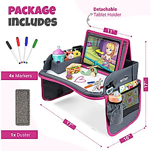 Kids Travel Tray with Dry Erase Board, Car Seat Lap for Food & Play Activity, Carseat Table Trays for Toddler, Kid Activity Desk for Air Travel, No-Drop Tablet Holder & Borders (Grey with Pink Frame)