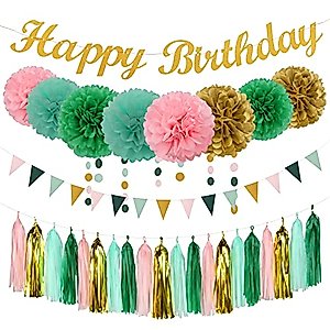 Sage-Green Pink Mint Gold Birthday Decorations - 31pcs Party Kits Happy Birthday Banner Flags,Tissue Paper Pom Poms,Circle Dots Garland,Tassel Streamers,40th 50th Women Men Birthday Decor Panduola