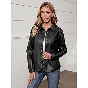 luvamia Faux Leather Jackets for Women Long Sleeves Vegan Leather Shackets Jacket Side Pockets Trendy Moto Biker Coat Womens Fall Jackets for Women 2023 Black Jacket Women Dressy Black Size Large