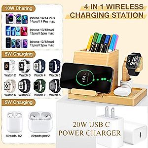 Bamboo Wireless Charging Station 3 in 1 Charging Dock with Pen Cup, OthoKing Fast Wireless Charger Stand Pencil Holder Compatible with iPhone 14/13/12 Pro Max, AirPods,iWatch(No Watch Charging Cable)