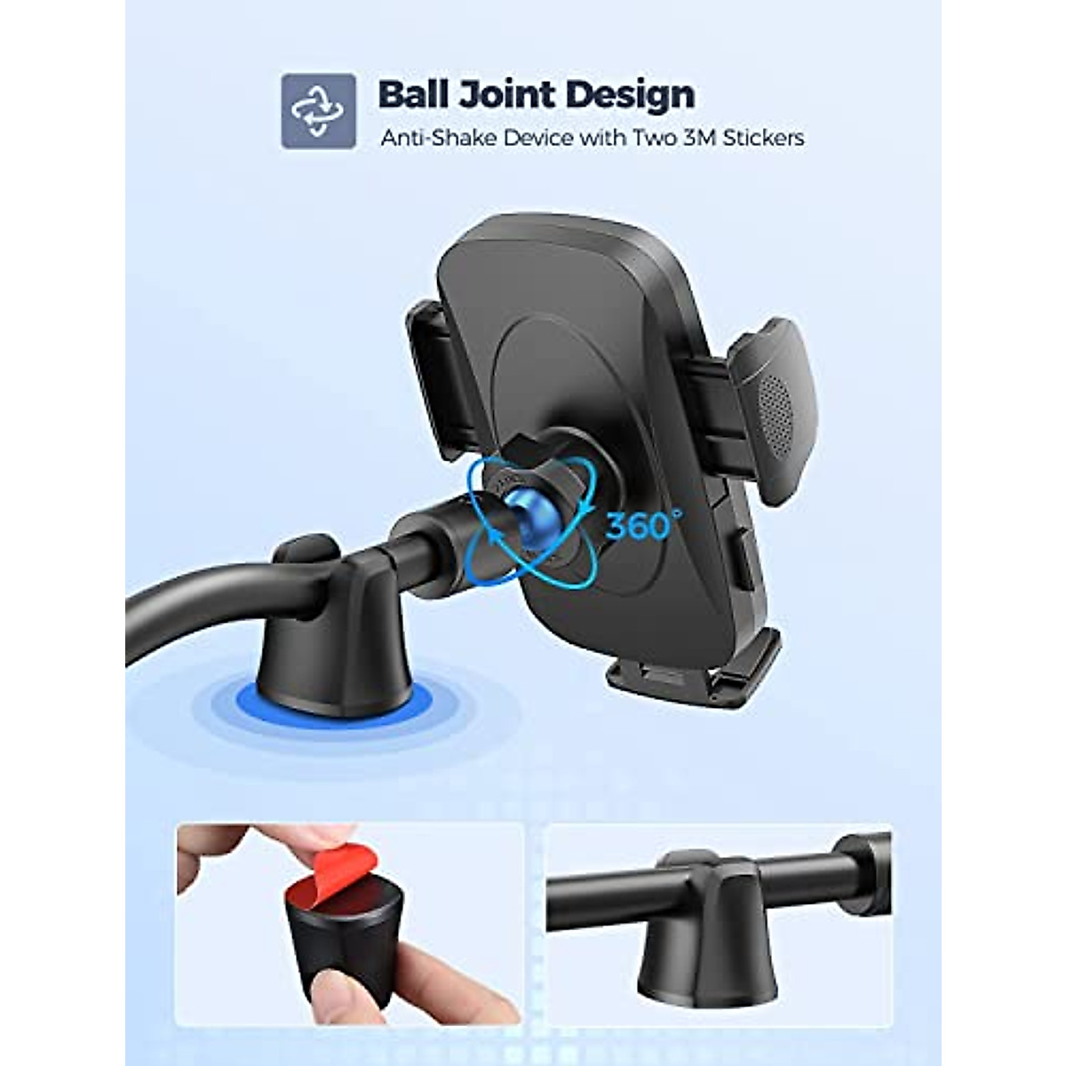 Car Cell Phone Holder Mount, 2 in 1 Dashboard Windshield Phone Mount for Car with Stabilizer, Car Phone Mount Windshield with Super Sticky Gel Suction Cup, iPhone Holder for Car Fit for All Phones