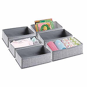 mDesign Fabric Drawer Organizer Bins, Kids/Baby Nursery Dresser, Closet, Shelf, Playroom Organization, Hold Clothes, Toys, Diapers, Bibs, Blankets, Lido Collection - 6 Pack - Gray