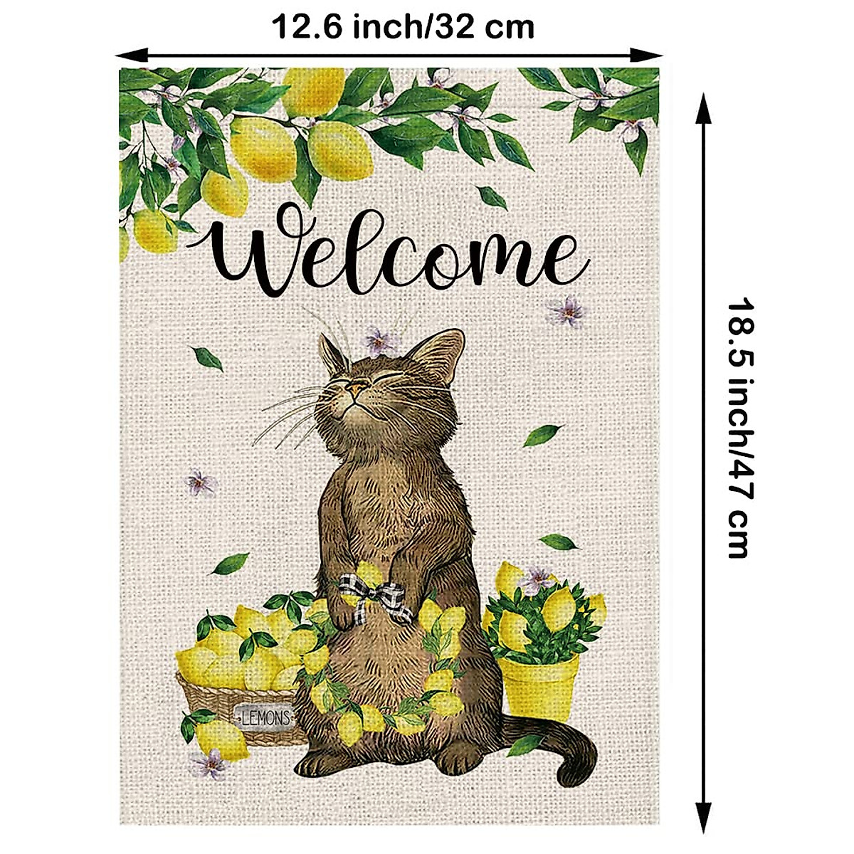 Summer Garden Flag Lemon Tree Cat Double Sided Vertical Welcome Flag Summer Home Yard Outdoor Decoration 12.5×18 Inch