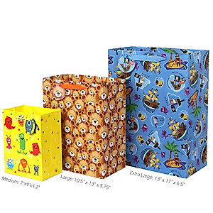 FZOPO Kids Birthday Gift Bag Assortment, Heavy Duty Paper Gift Bags, Red, Blue, Purple, Yellow, Brown, Pack of 12 Small, Medium, Extra Large Bags for Birthdays, Kid Party, Childrens Day