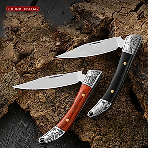 Lightweight Mini Folding Pocket Knife Carving Wooden Handle V Steel Blade Outdoors Camping Hunting Folding Knives Portable Keychain Gift for Men Women, Black