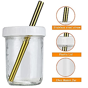 Pckydo Bubble Tea Cups 2 pack, Reusable Wide Mouth Smoothie Cups, Iced Coffee Cups With White Lids and Gold Straws Mason Jars Glass Cups, Travel Glass Drinking Bottle (16oz, Gold Straws)