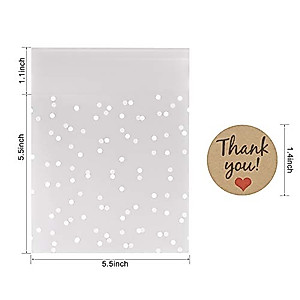 Self Adhesive Cookie Bags Treat Bags, Resealable Cellophane Bags, White Polka Dot Individual Cookie Bags with Thank You Stickers for Gift Giving (5.5''x5.5'', 100 Pcs)